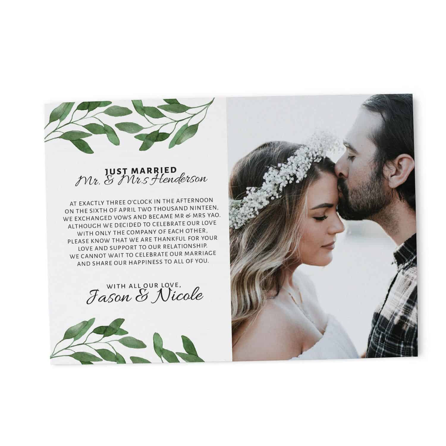  Just Married Cards Green Leaves Elopement Announcements Elopement 